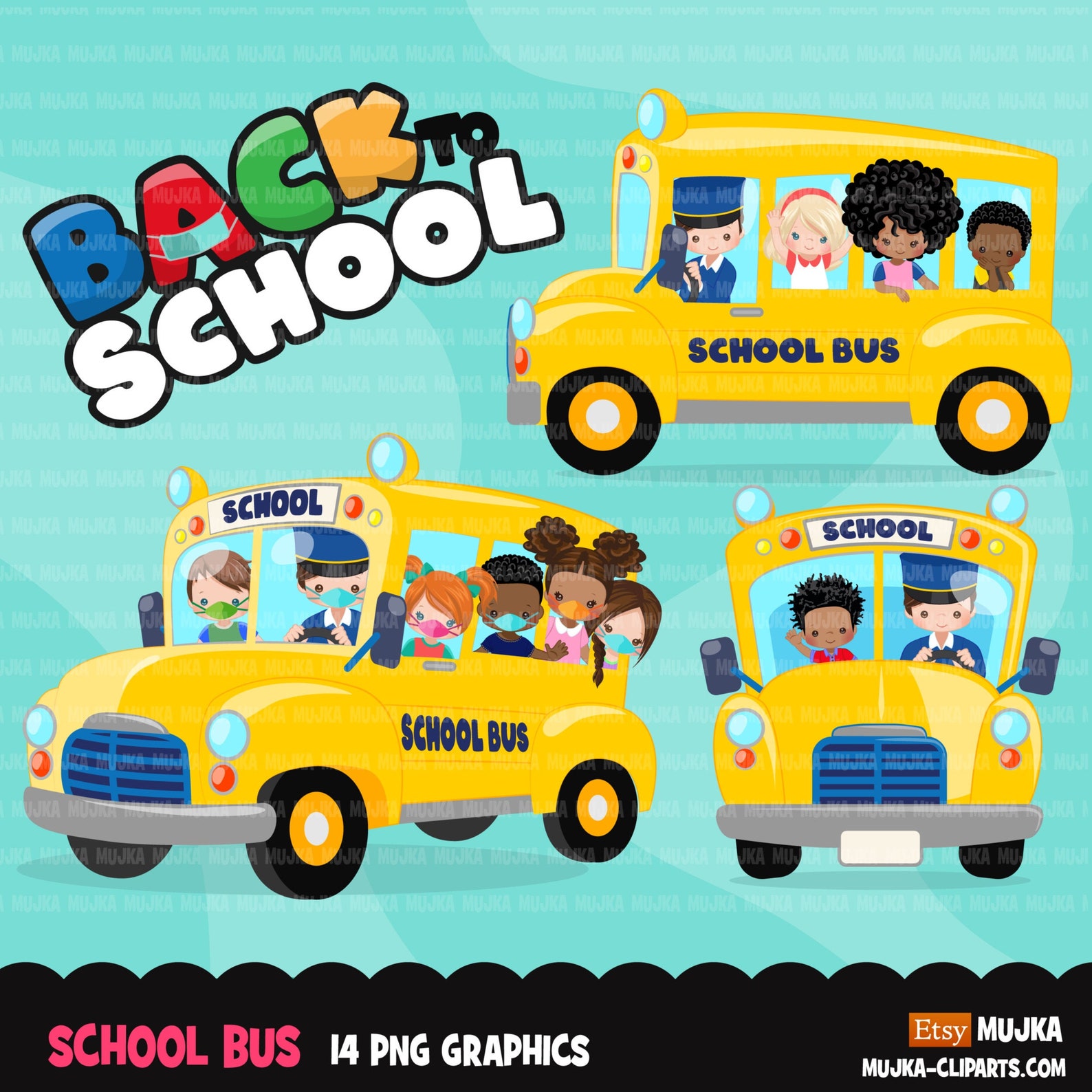 Back to School Clipart School Bus Clip Art Students With | Etsy
