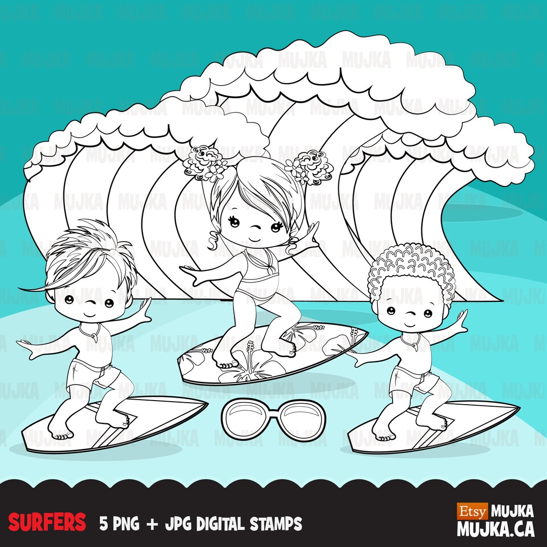 Surfer Digital Stamps. Beach Birthday. Summer Surfers With Surfboard ...