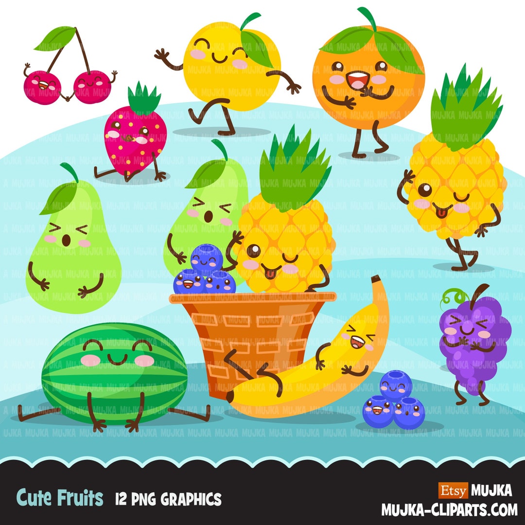 Fruit Clipart, Cute Kawaii Fruit Graphics, Pineapple, Apple, Banana ...