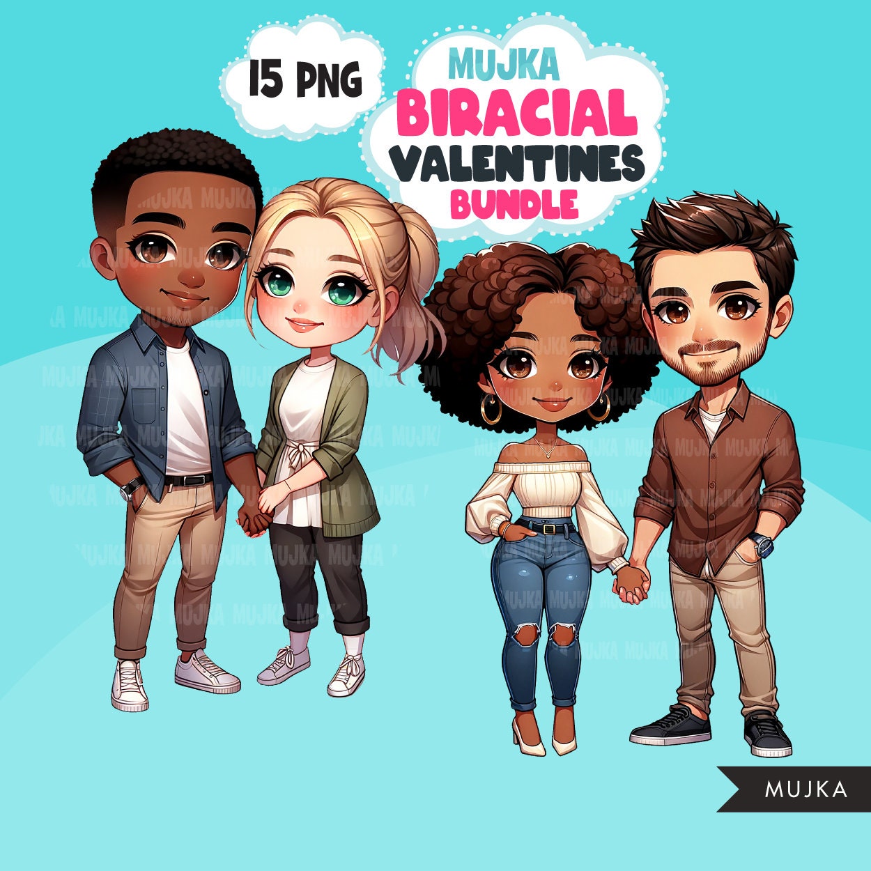 Biracial Couples Valentines PNG Bundle, Biracial Clipart Sublimation ...