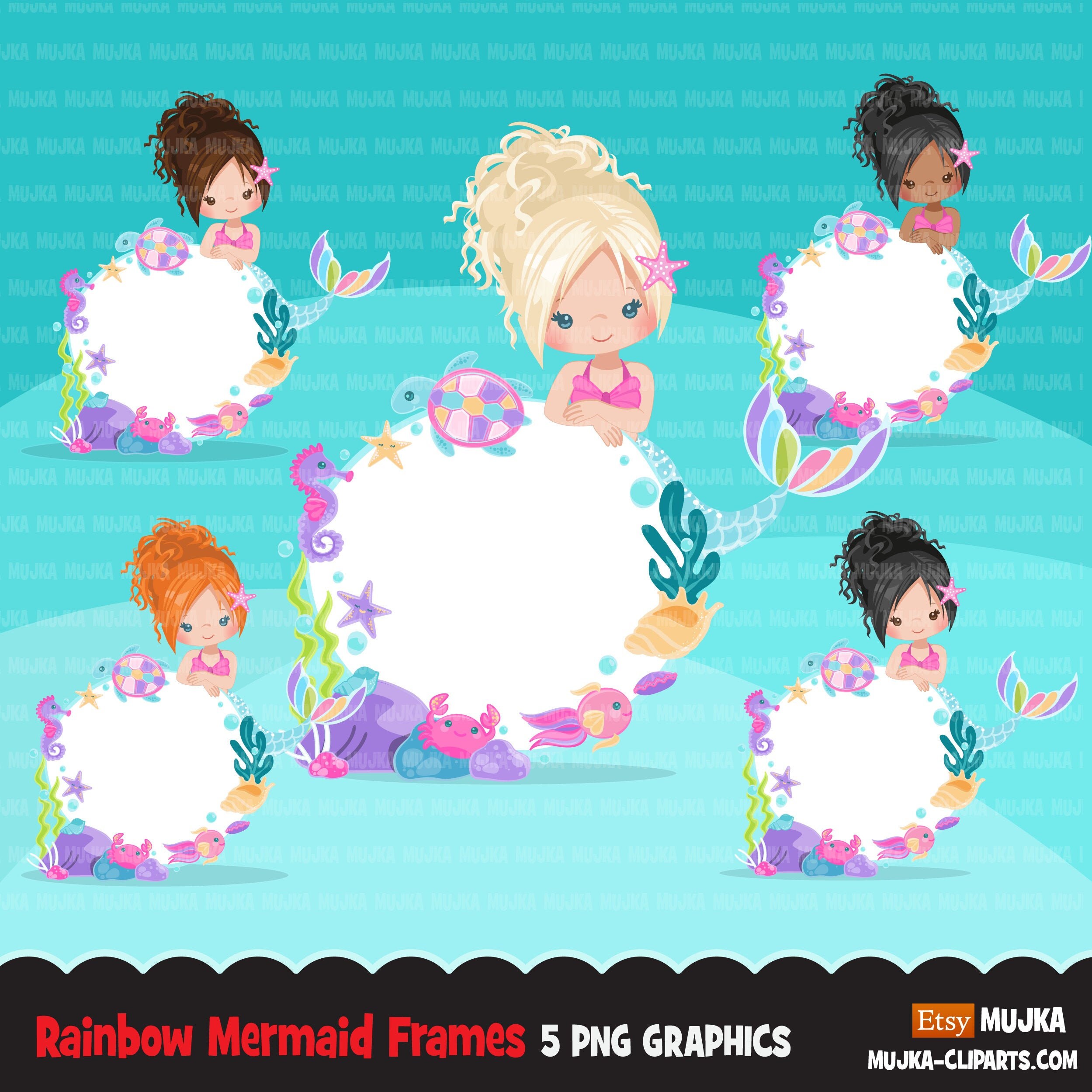 Mermaid Clipart Cute Underwater Frame Pastel Rainbow Mermaid - Etsy