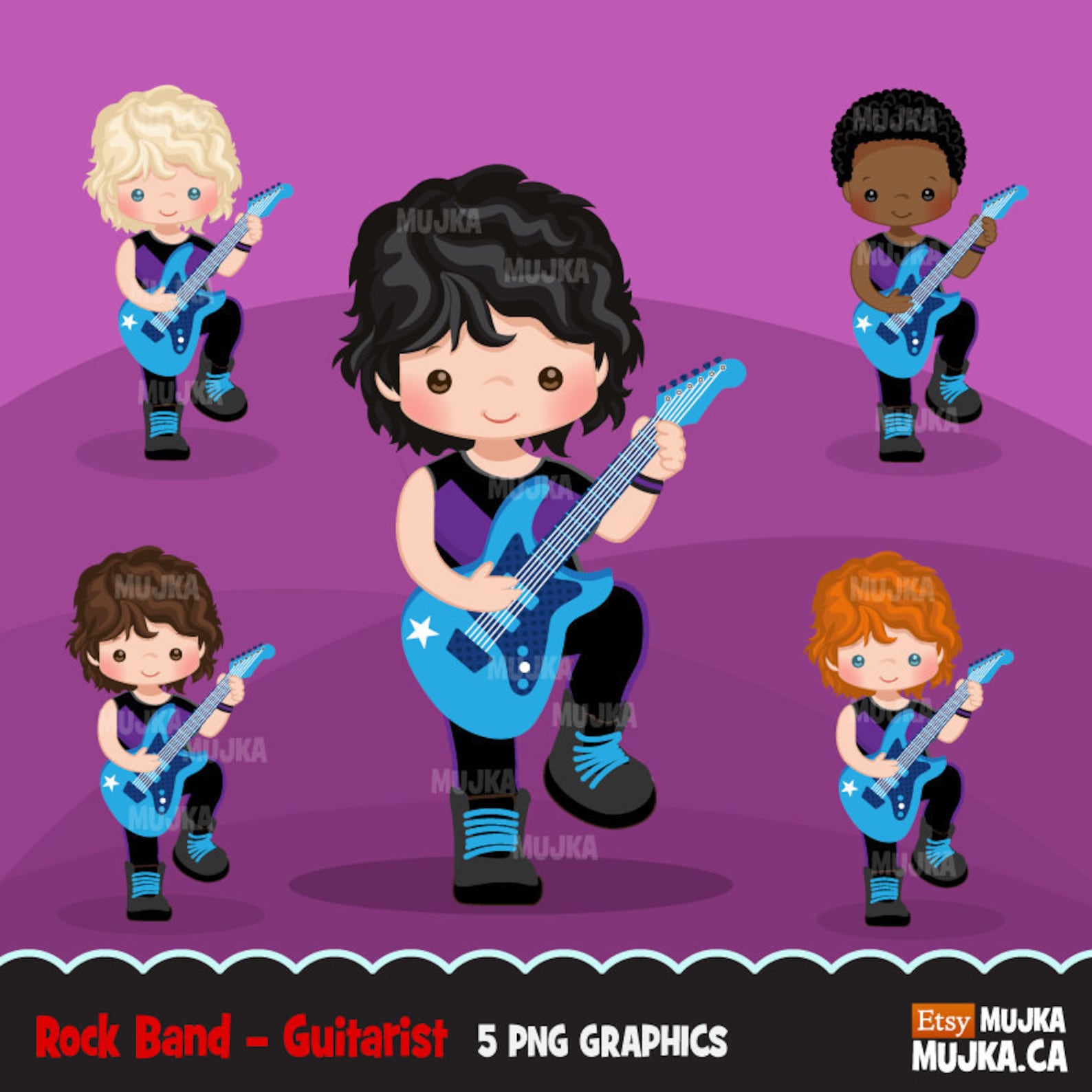 Rockstar Boys Clipart Guitarist Black Musician Rock Band | Etsy