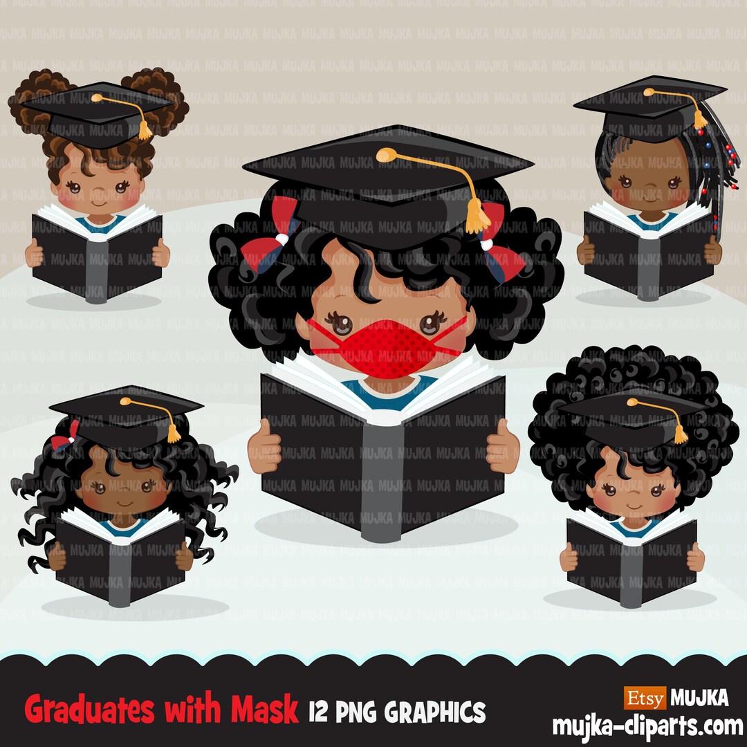 Graduation Clipart, Graduate Black Girls With Book and Mask, School ...