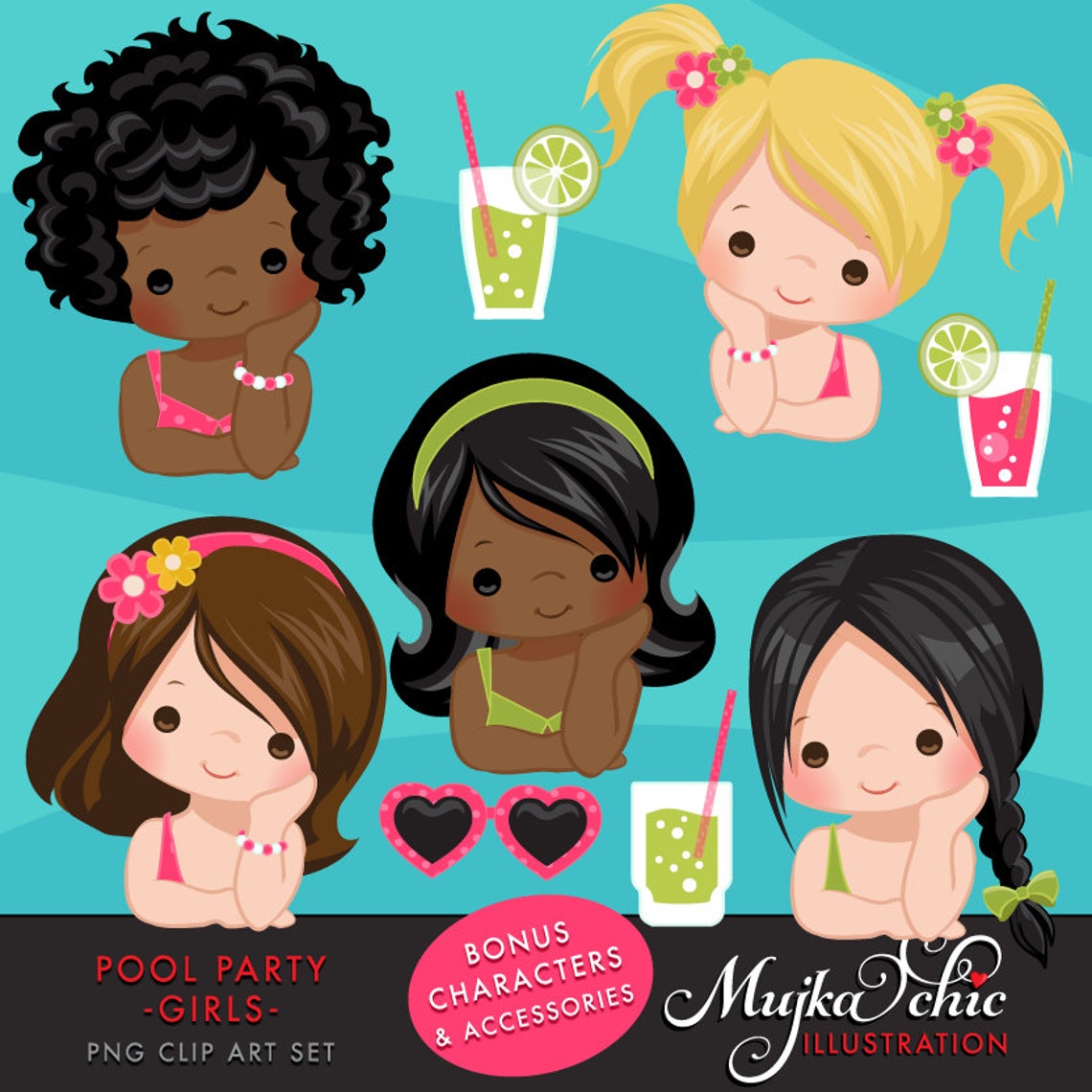 Pool Party Clipart for Girls. Little Girls With Pool Party Banner, Flip ...
