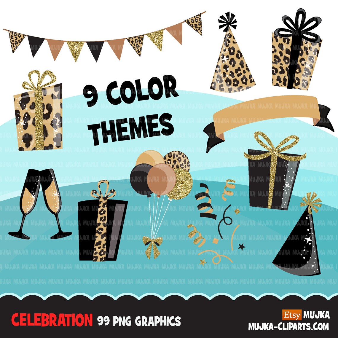 Celebration Clipart, Party Graphics, Gift Boxes, Balloons, Gold Silver ...