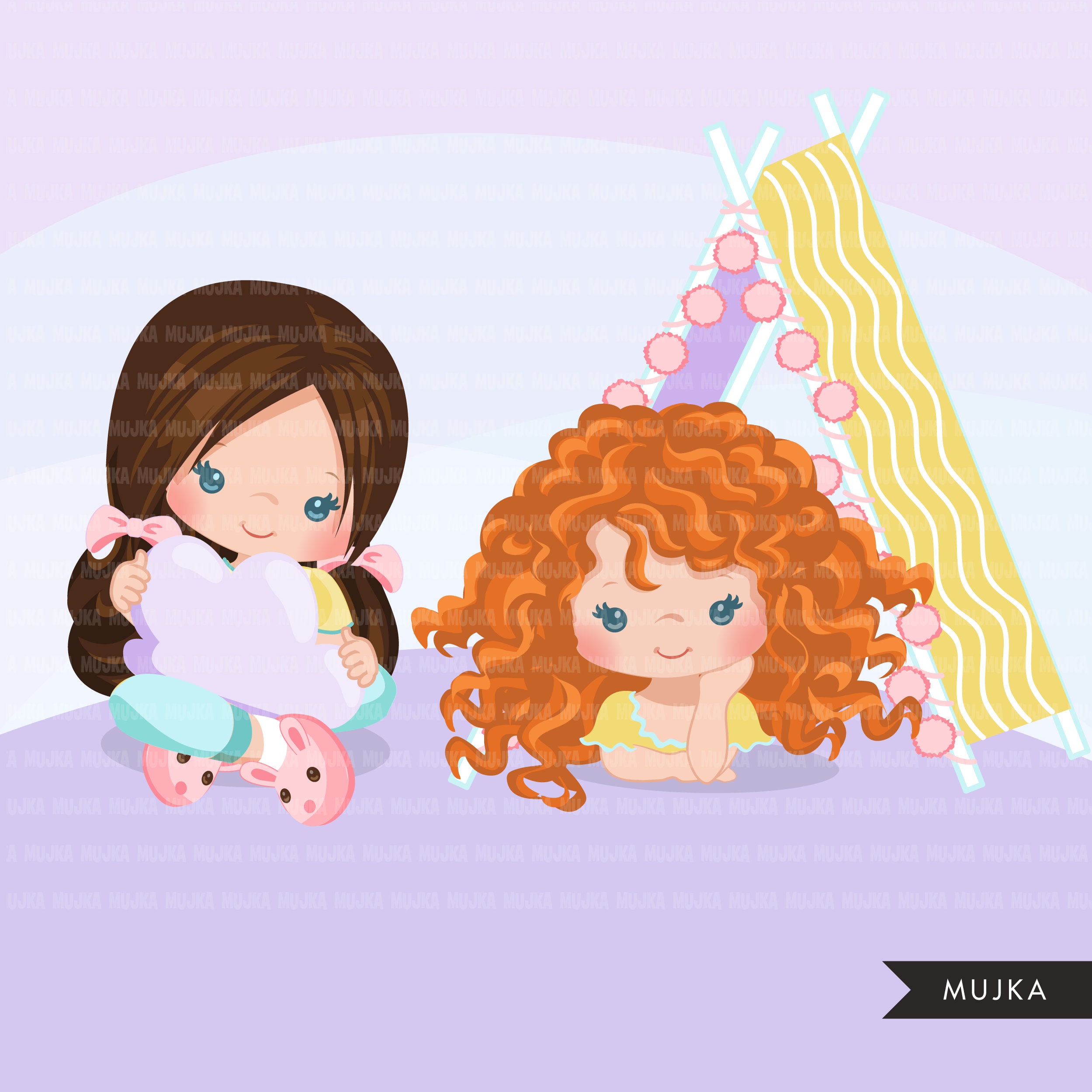 Slumber Party Clipart, Sleepover Tents, Movie Night, Pajama Party, Card ...