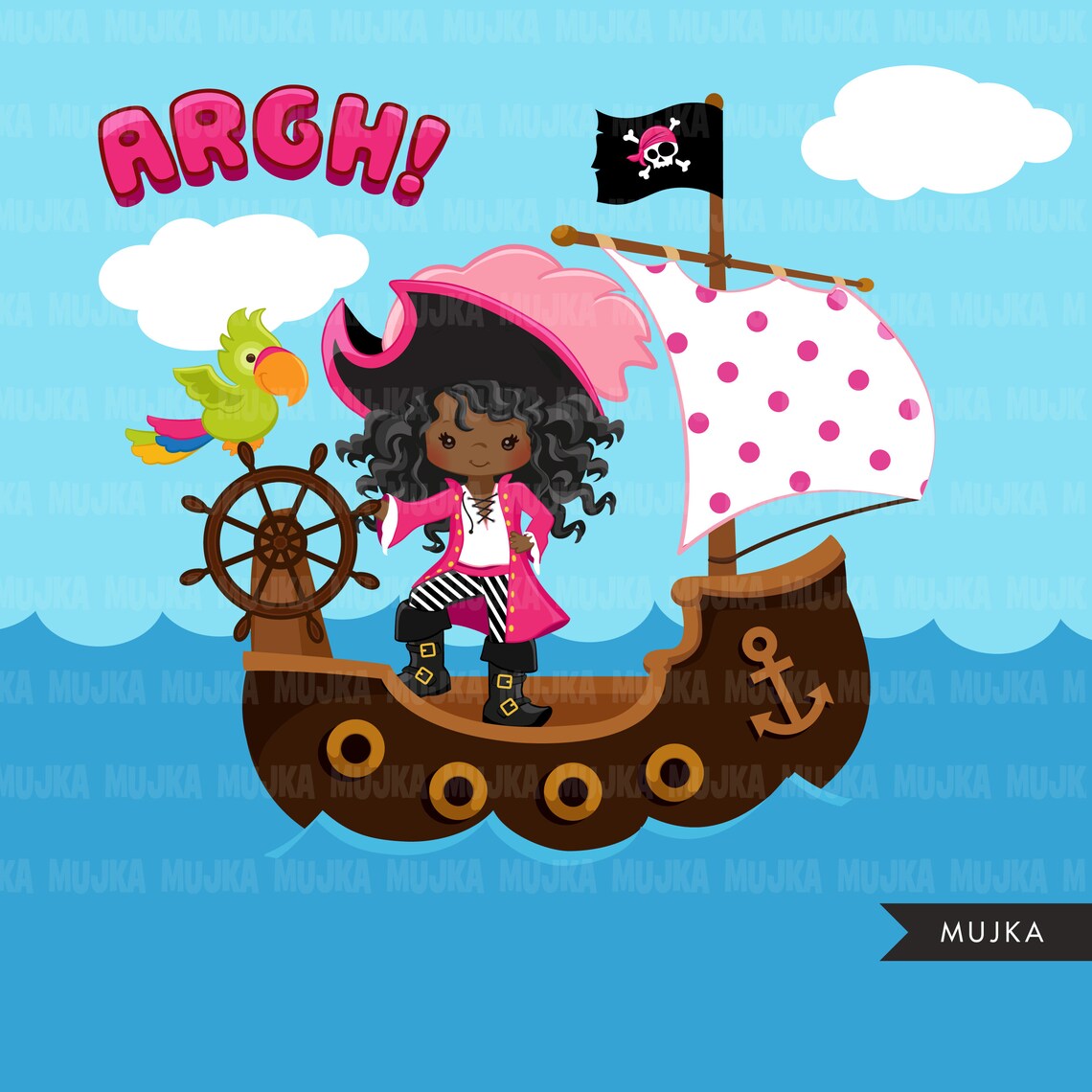 Pirate Clipart Pink Afro Girls Treasure Island, Pirate Ship, Flag ...