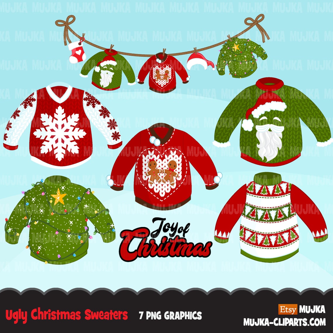 Ugly Christmas Sweaters Clipart Joy of Chrismas Clothesline - Etsy