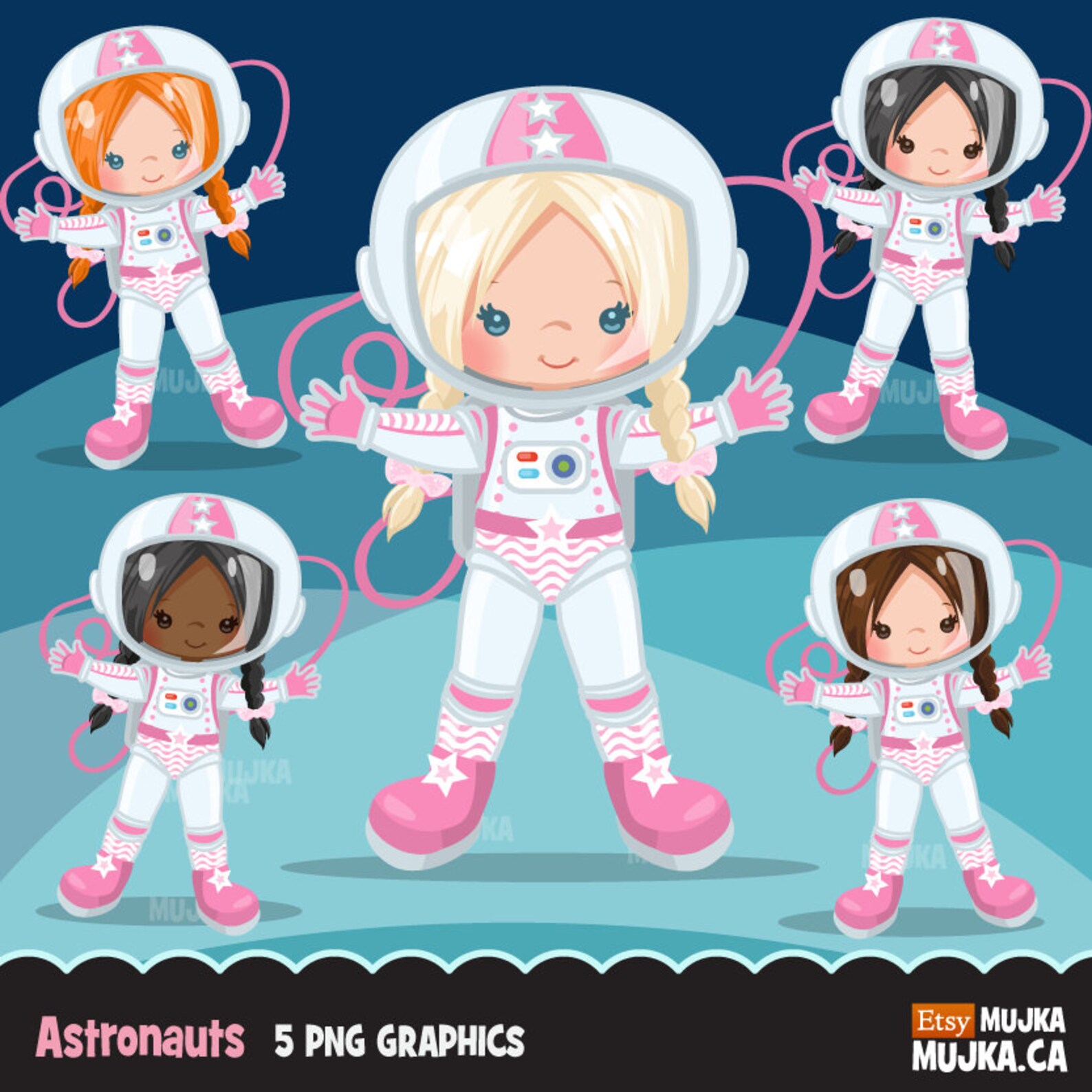 Astronaut Clipart, Little Girl Graphics, Space Rocket, Sublimation ...