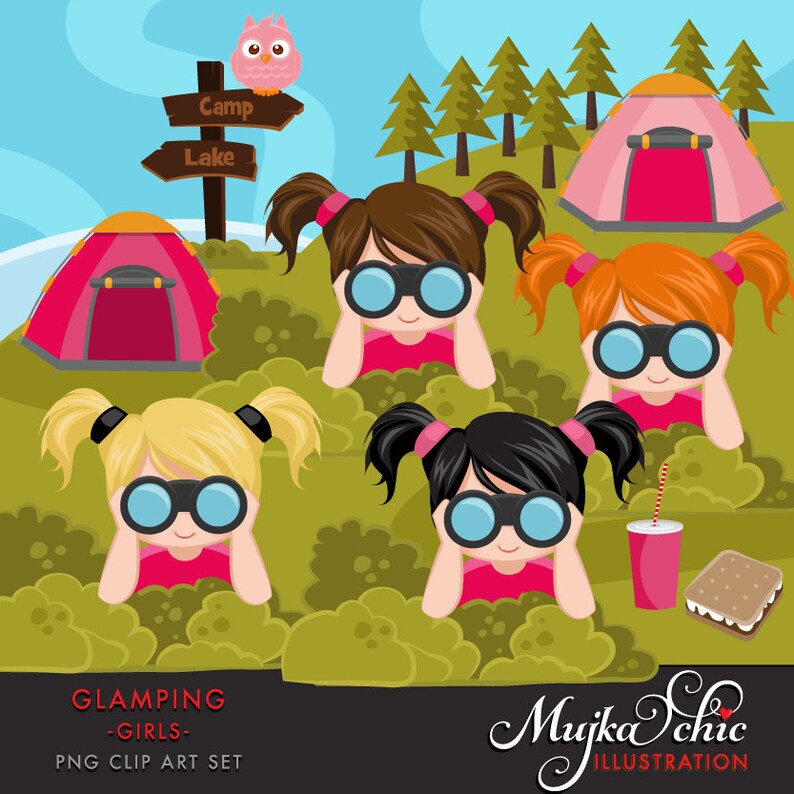 Glamping Clipart for Girls. Campground, Tents, Camp Fire, Lantern, Kids ...