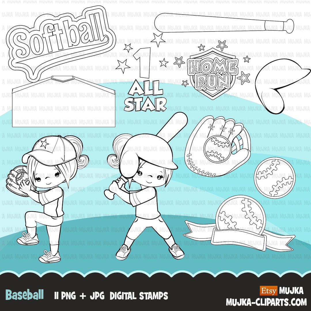 Softball Digital Stamps, Girl Players, Sports Graphics, B&W Clip Art ...