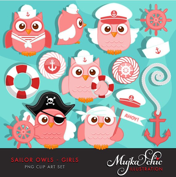 Cute Sailor Owls Girls Clipart. Sailing Owls in Captain outfit, pirate ...