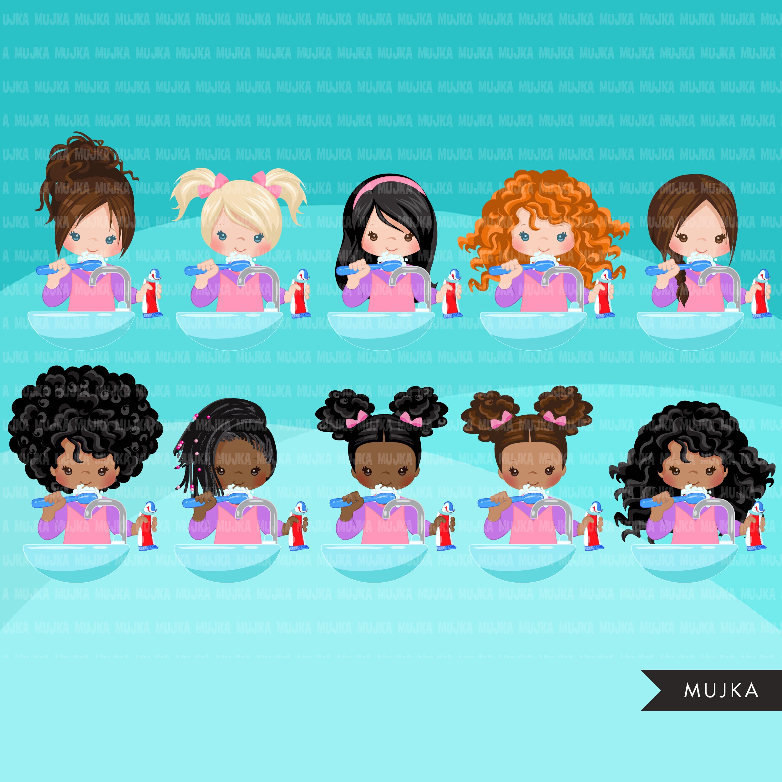 Bathroom Chores Clipart, Little Girls, Black Girls Brushing Teeth ...