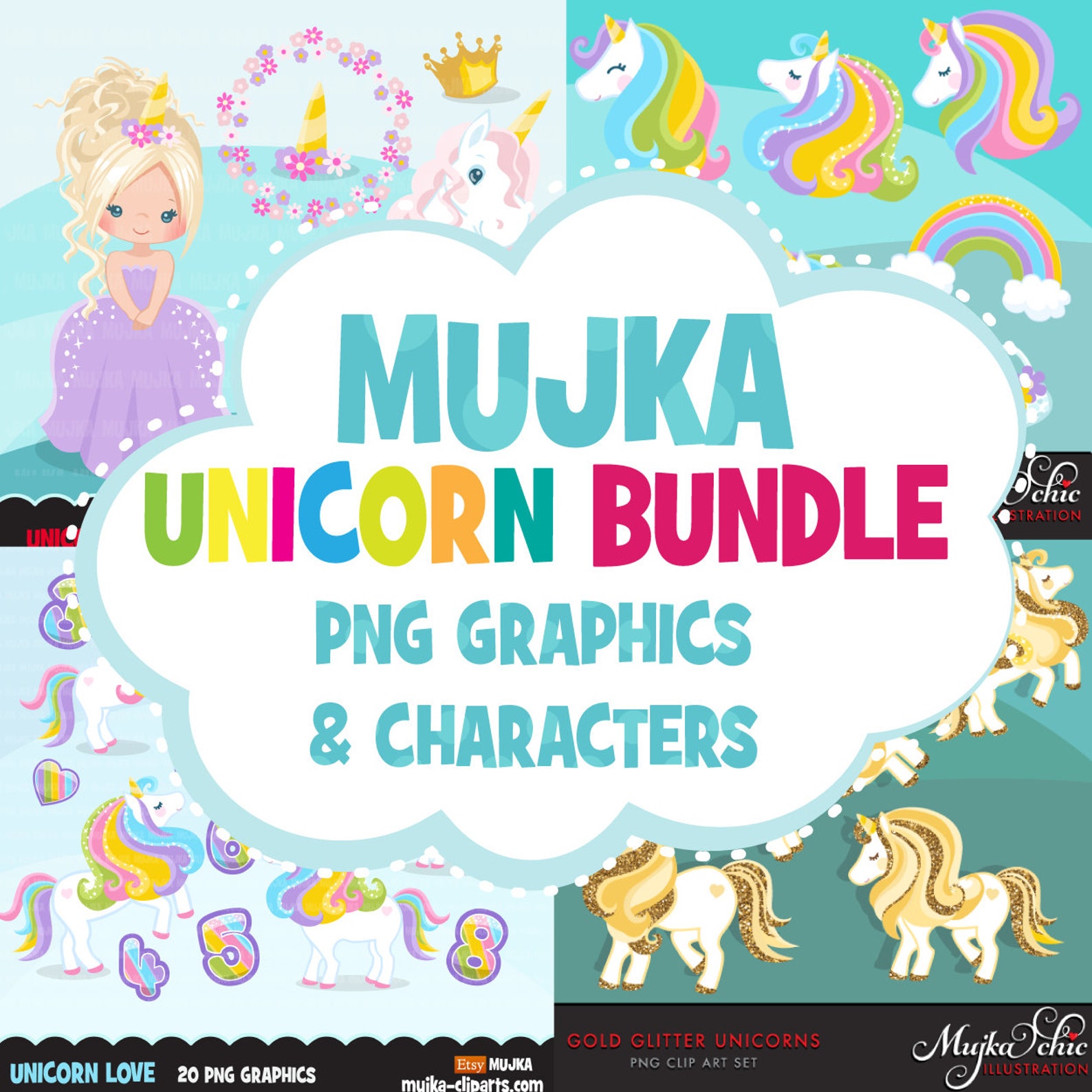 Unicorn Clipart Bundle Unicorn Princess Numbers Glitters | Etsy