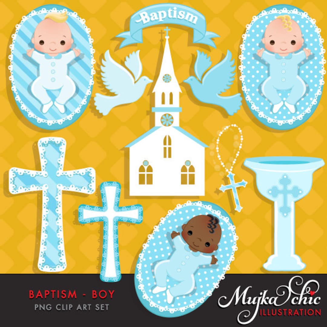 Baptism Baby Boy Clipart With Cute Babies, Church, Dove, Rosary and ...