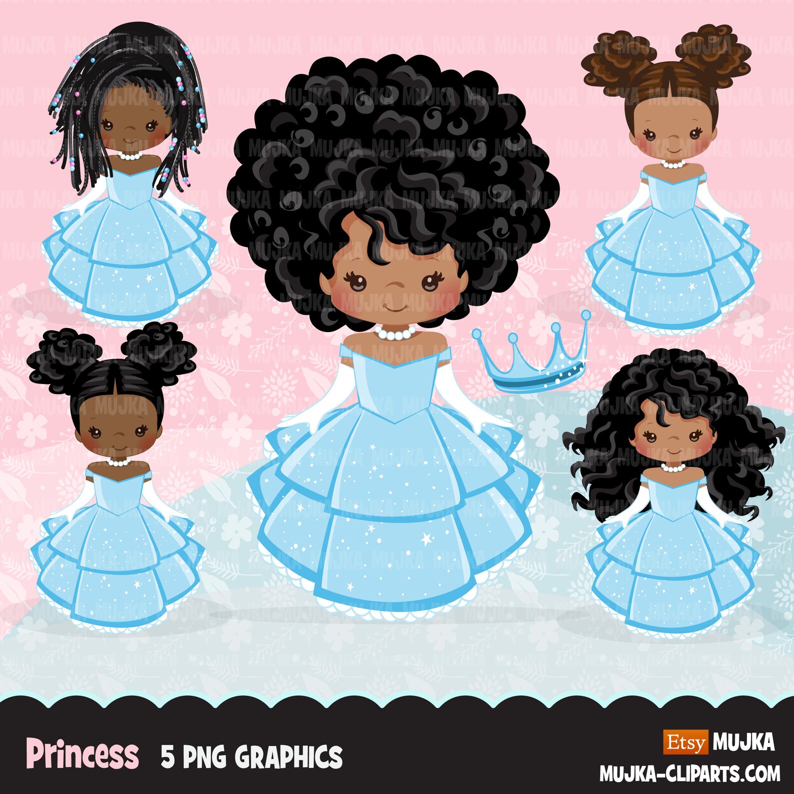 Black Princess Clipart, Fairy Tale Graphics, Girls Story Book, Blue ...