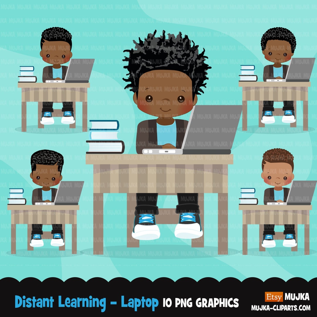 Distant Learning Clipart, Black Boys With Laptop, Home Schooling ...