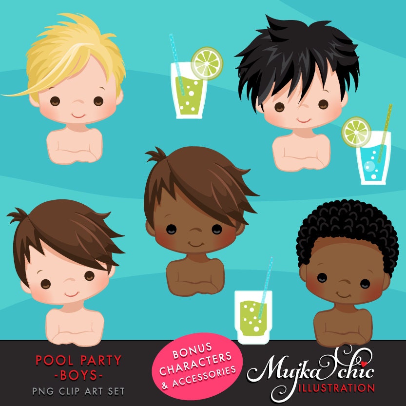 Pool Party Clipart for Boys. Little Boys With Pool Party Banner, Flip ...