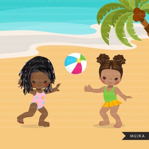 Beach Fun Clipart for Black Girls, Summer Swimsuit Graphics, Surf Board ...