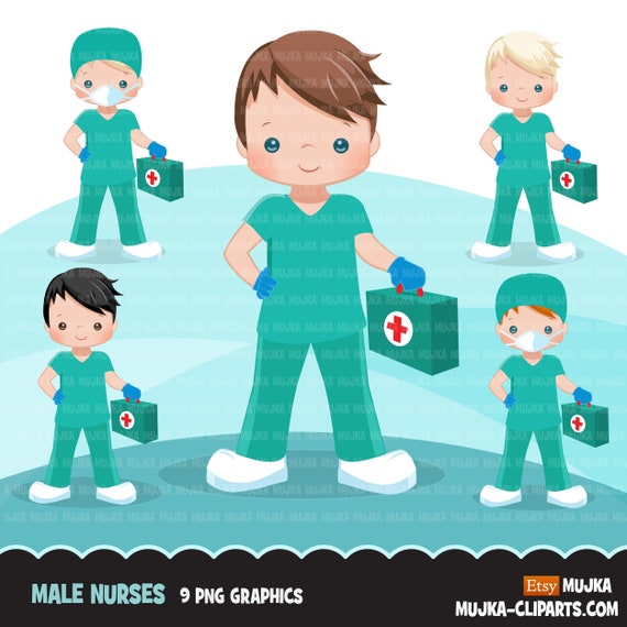 Male Nurse clipart with mask green scrubs, hospital graphics, print and ...