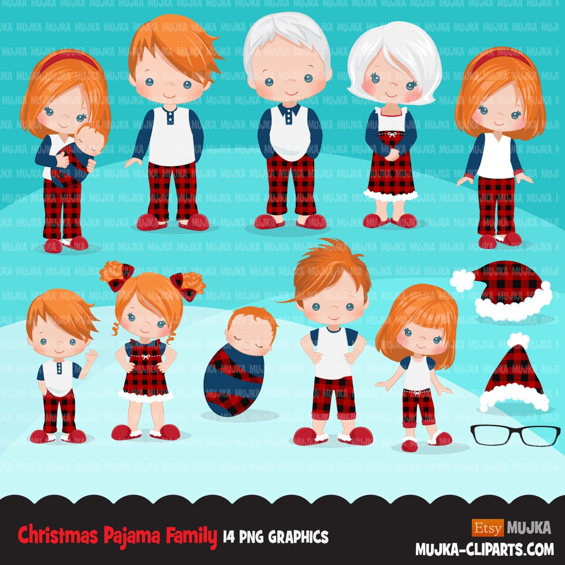 Christmas Pajama Clipart Bundle, Noel Illustrations, Pajama Family ...