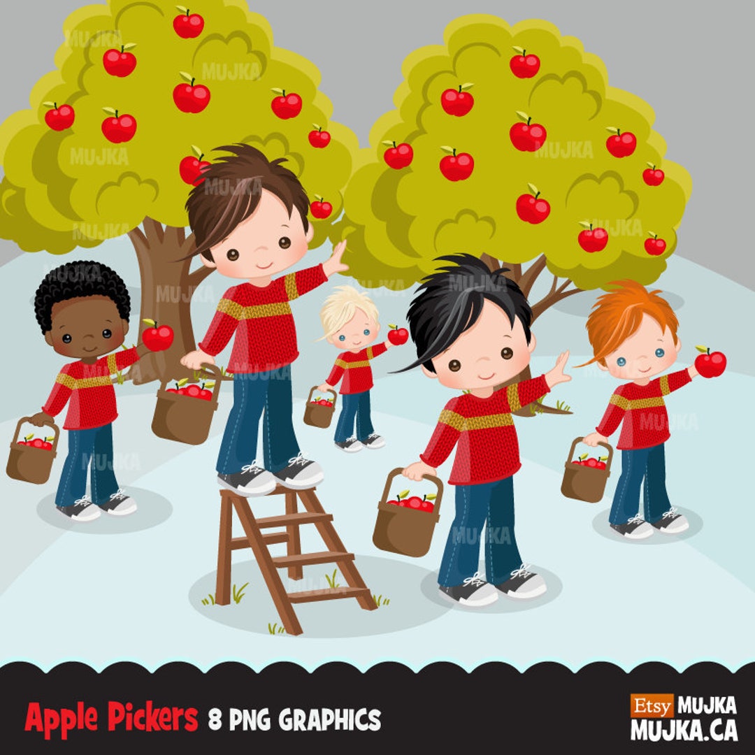 Fall Apple Pickers Clipart, Cute Characters, Black, , Activity, Autumn ...
