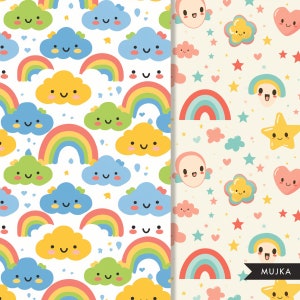Cute Rainbow Digital Papers, Kawaii Baby Seamless Background, Nursery ...