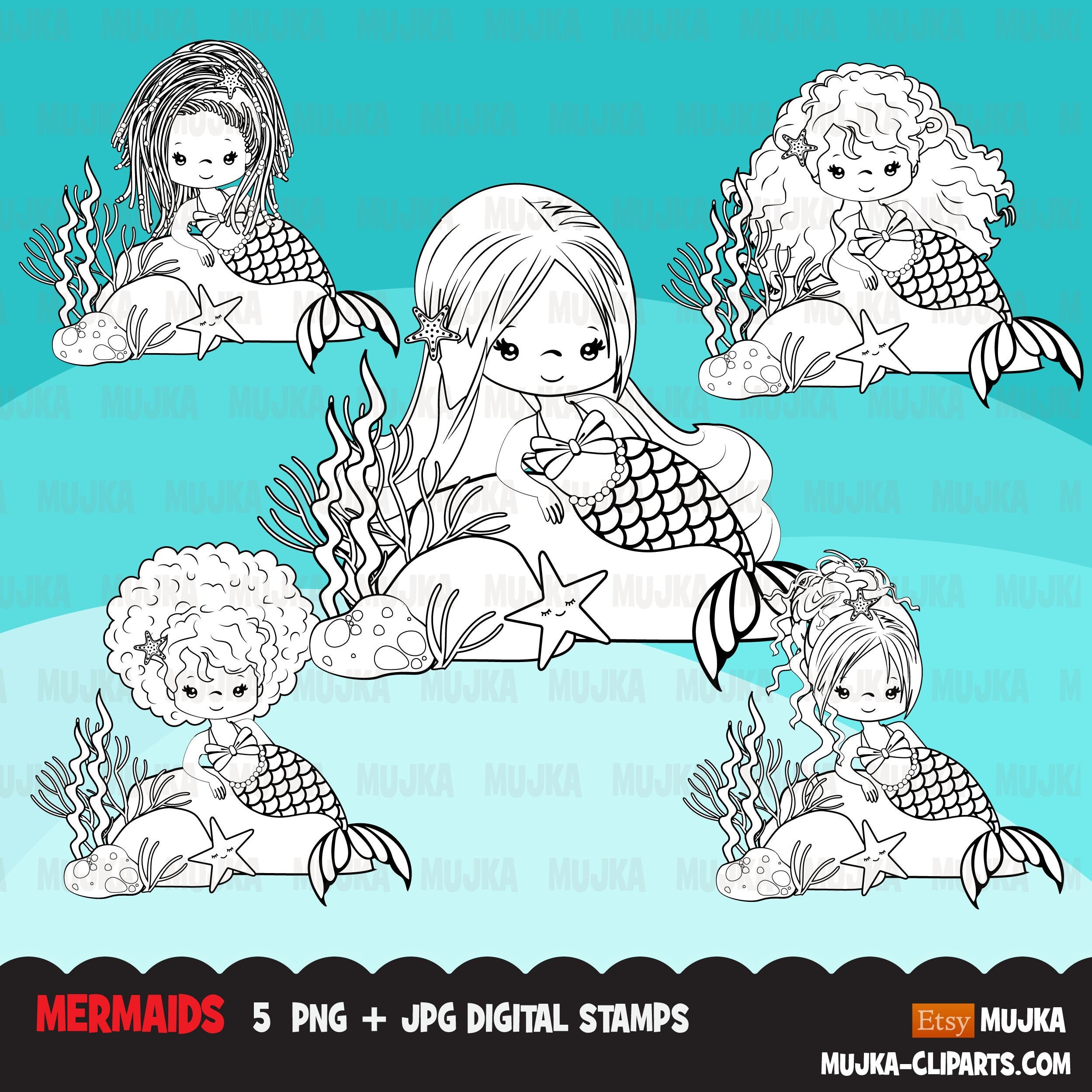Mermaid Digital Stamps Black & White Marine Graphics | Etsy