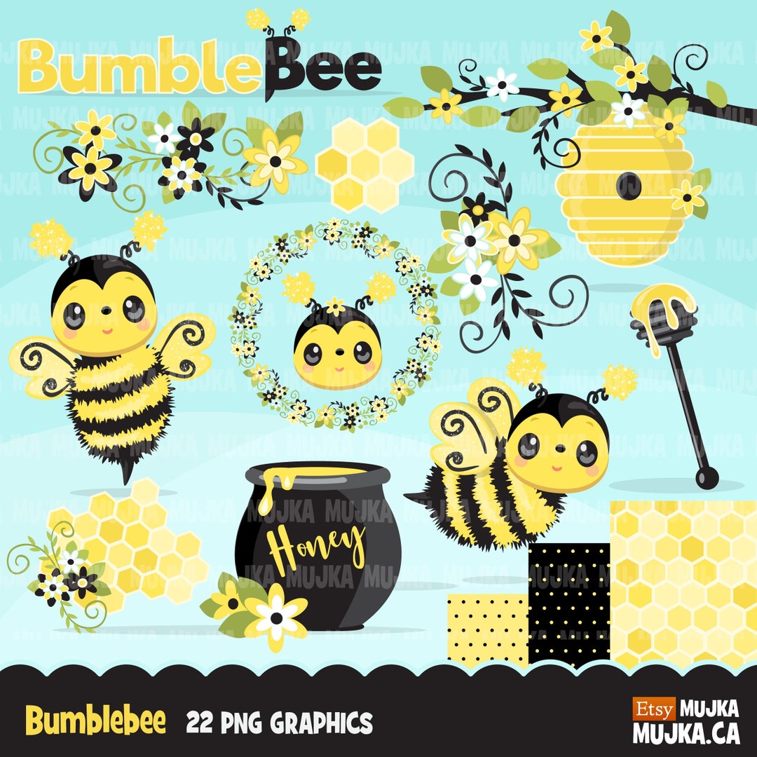 Bumblebee Clipart. Cute Summer Florals, Beehive, Honey Pot, Honeycomb ...