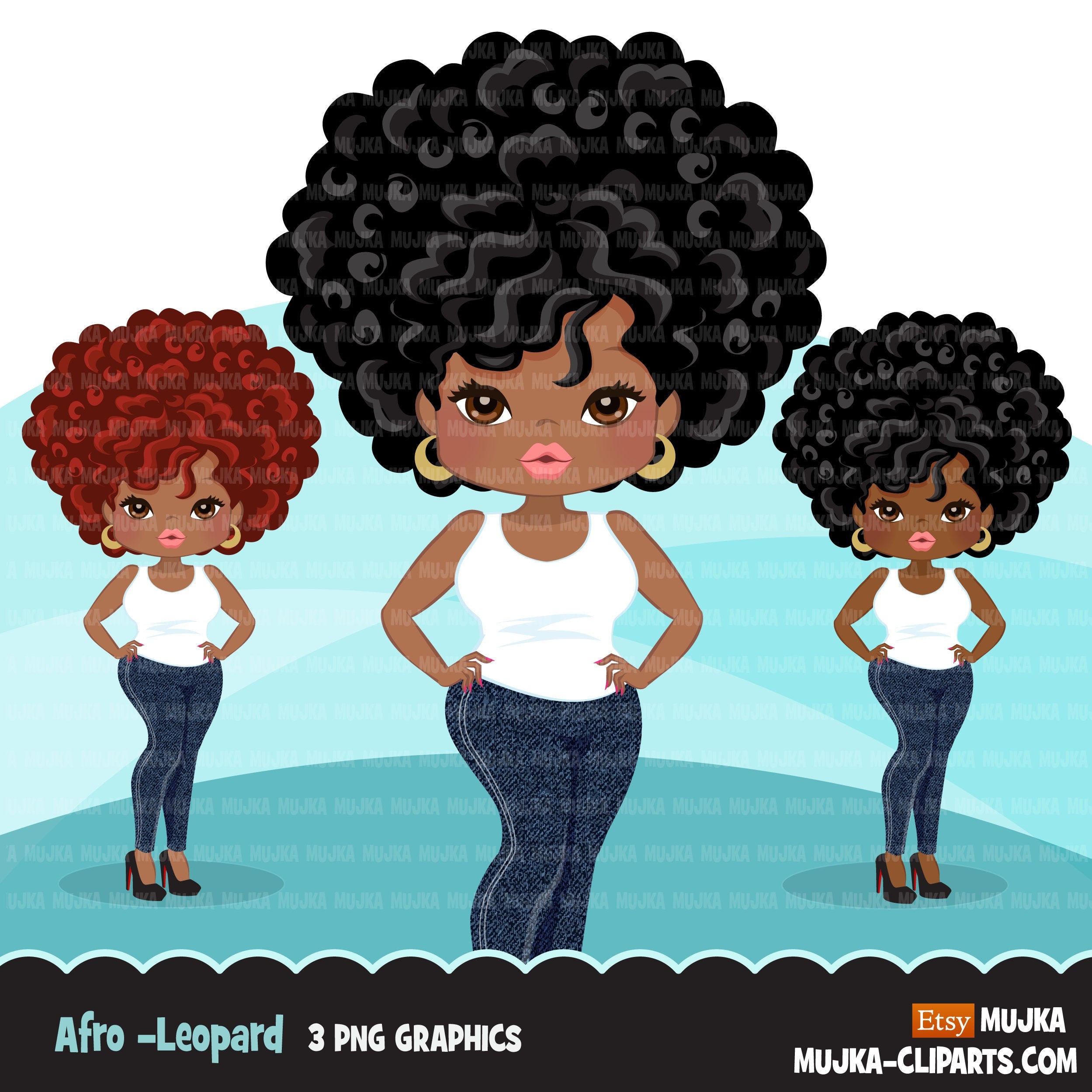 Afro woman clipart with jeans and t-shirt African-American | Etsy