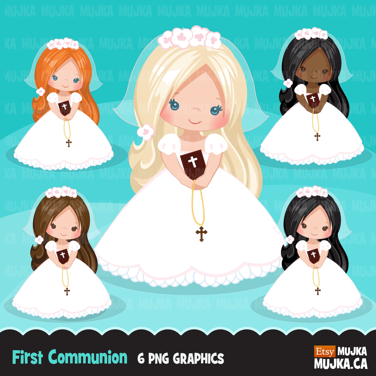 Girls First Communion Clipart Bundle, Holy First Communion for Girls ...