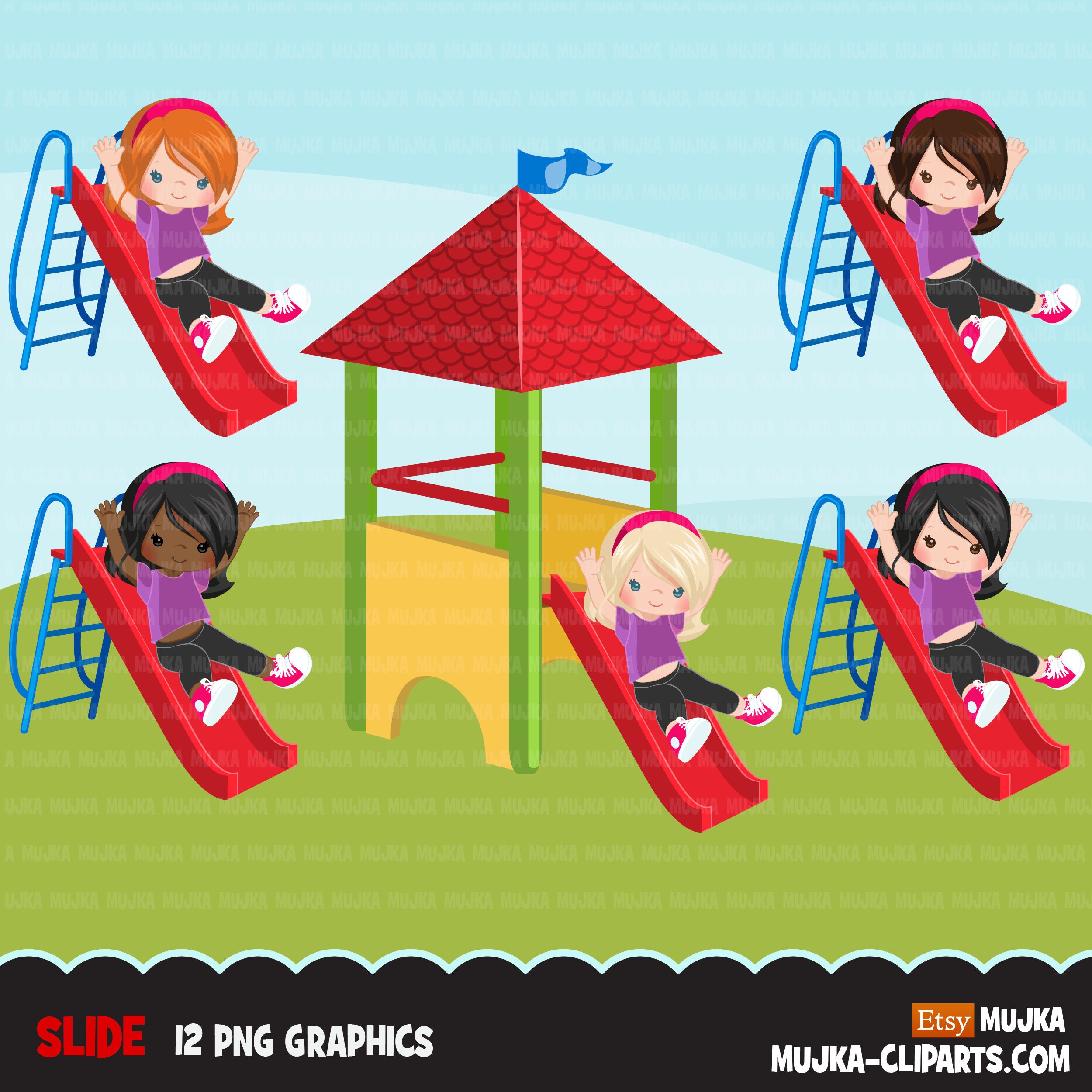 Playground Clipart Girl on Slide Outdoors Park Slide | Etsy