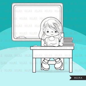 Back to School Digital Stamps. Cute Students, Bus, Board, School ...