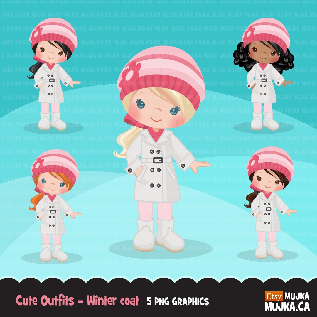 Little Girl Cute Outfits Clipart. Girls With Winter Jacket, Boots and ...