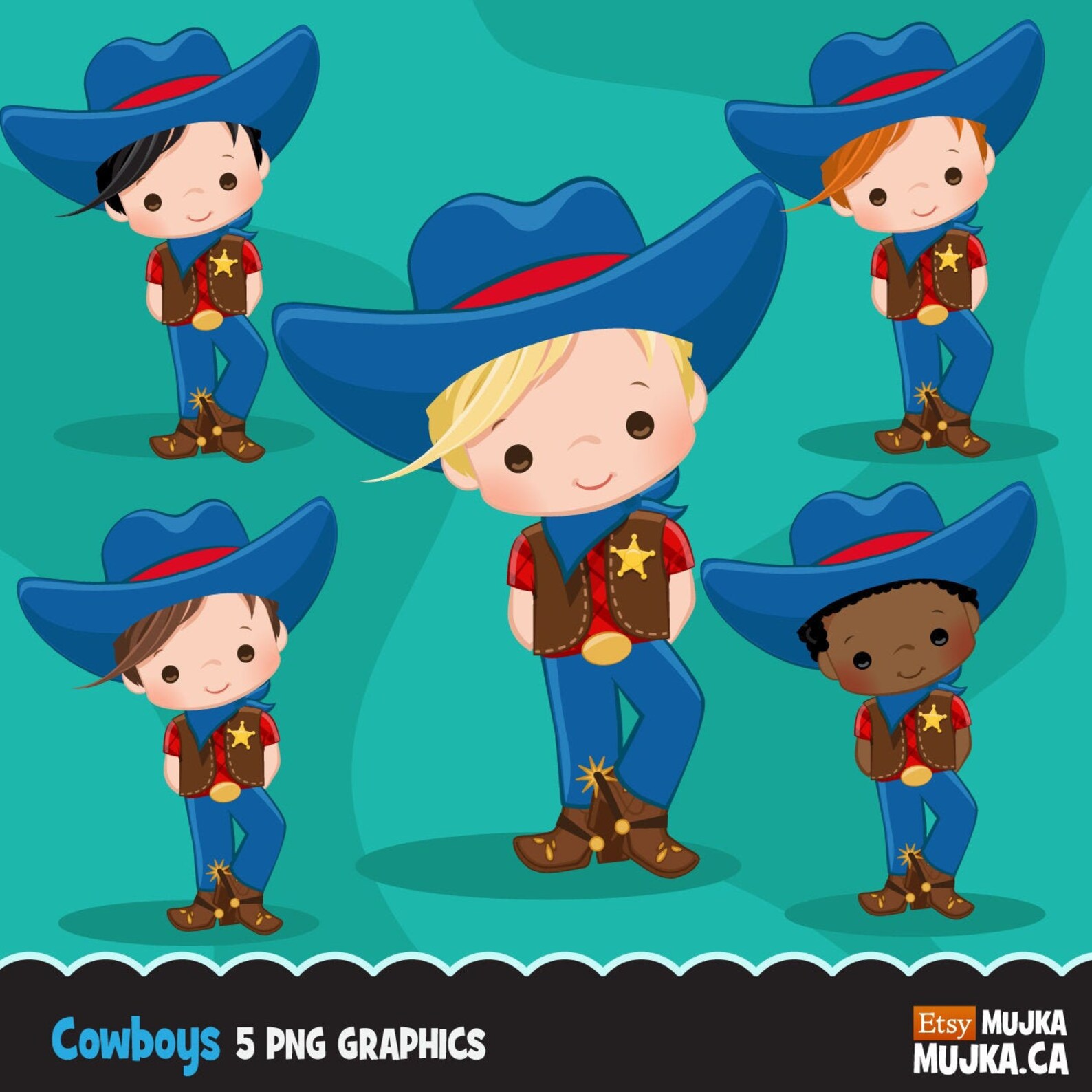 Cowboy Clipart. Wild West Cute Cowboy Clipart- Red & Blue. Cowboy Boots ...