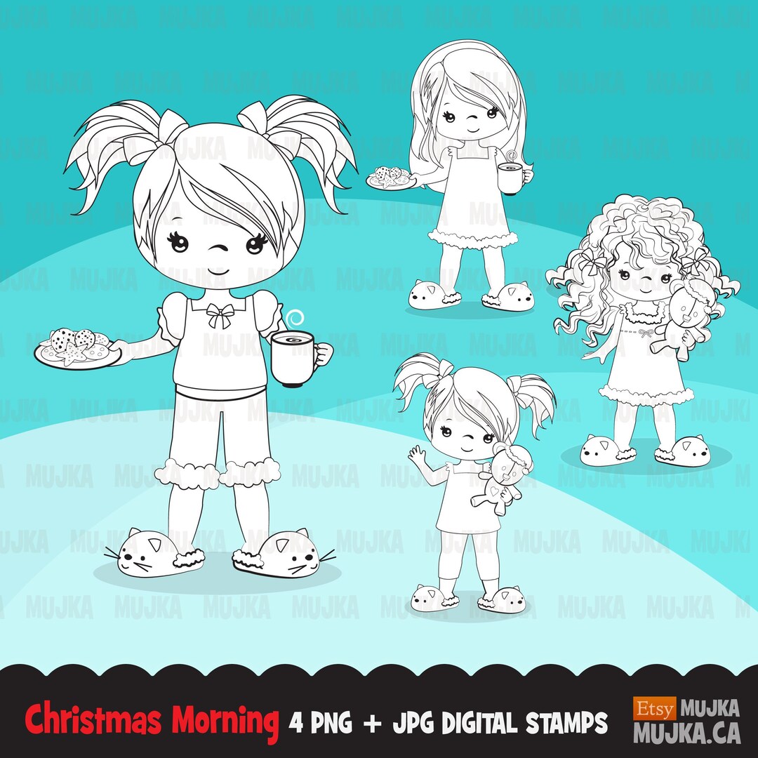 Christmas Kids Digital Stamps. Girl Characters With Hot Chocolate ...