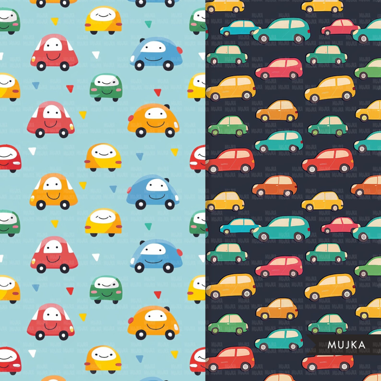 Cute Cars Digital Papers, Kawaii Baby Seamless Background, Nursery ...