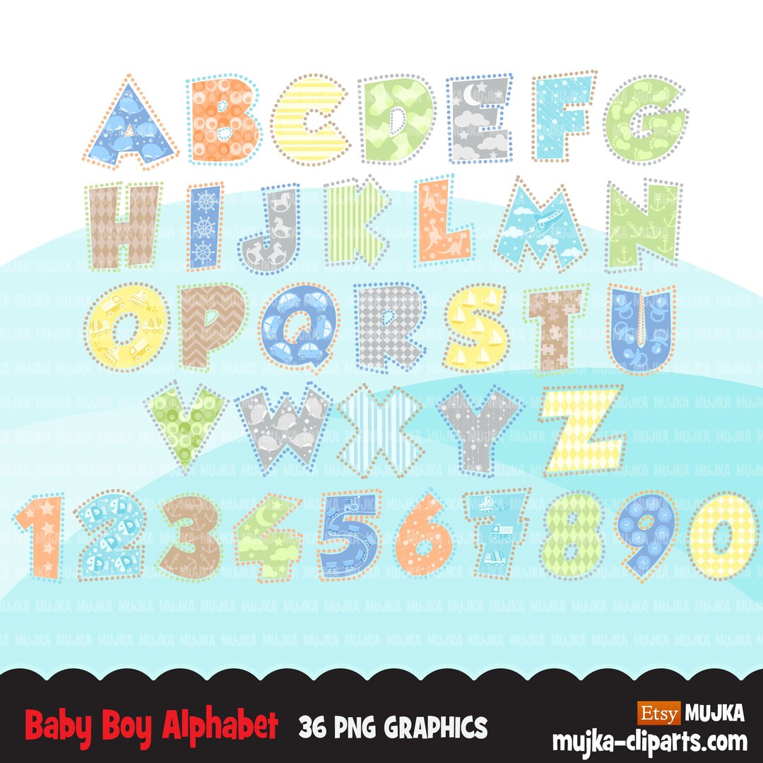 Baby Boy Alphabet Clipart Bundle, Dotted Lines, Stackable, Boy Birthday ...