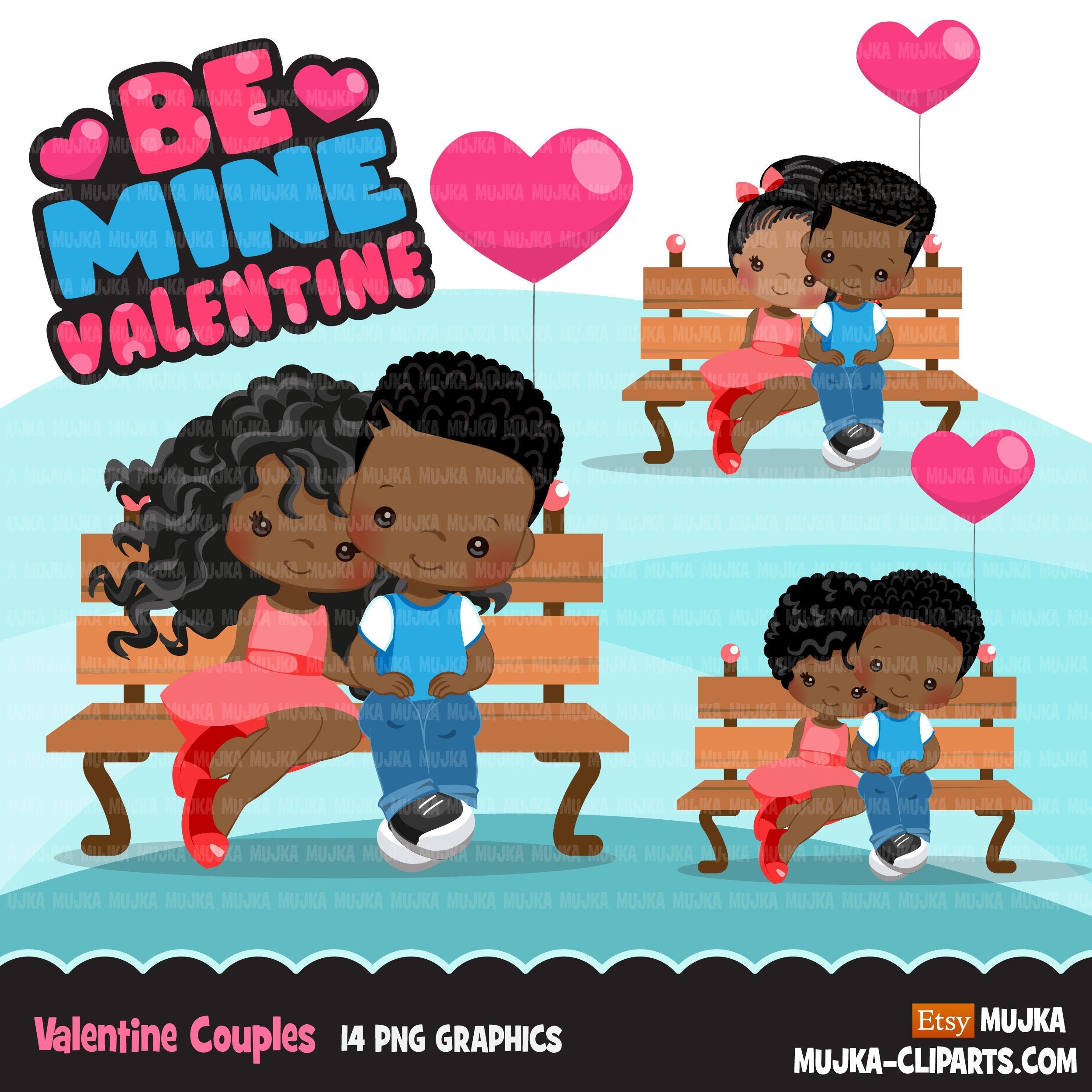 Valentine's Day Clipart Cute Valentine black kids | Etsy