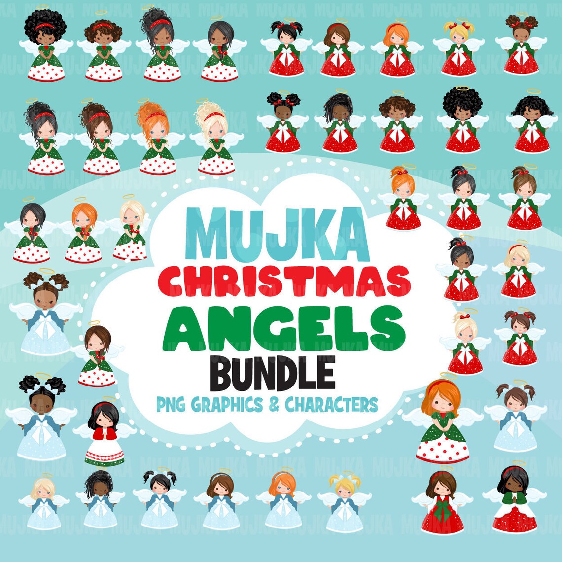 Christmas Angels Clipart Bundle Noel Illustrations Black | Etsy