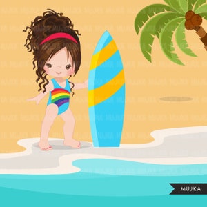 Beach Fun Clipart for Girls, Summer Swimsuit Graphics, Surf Board ...