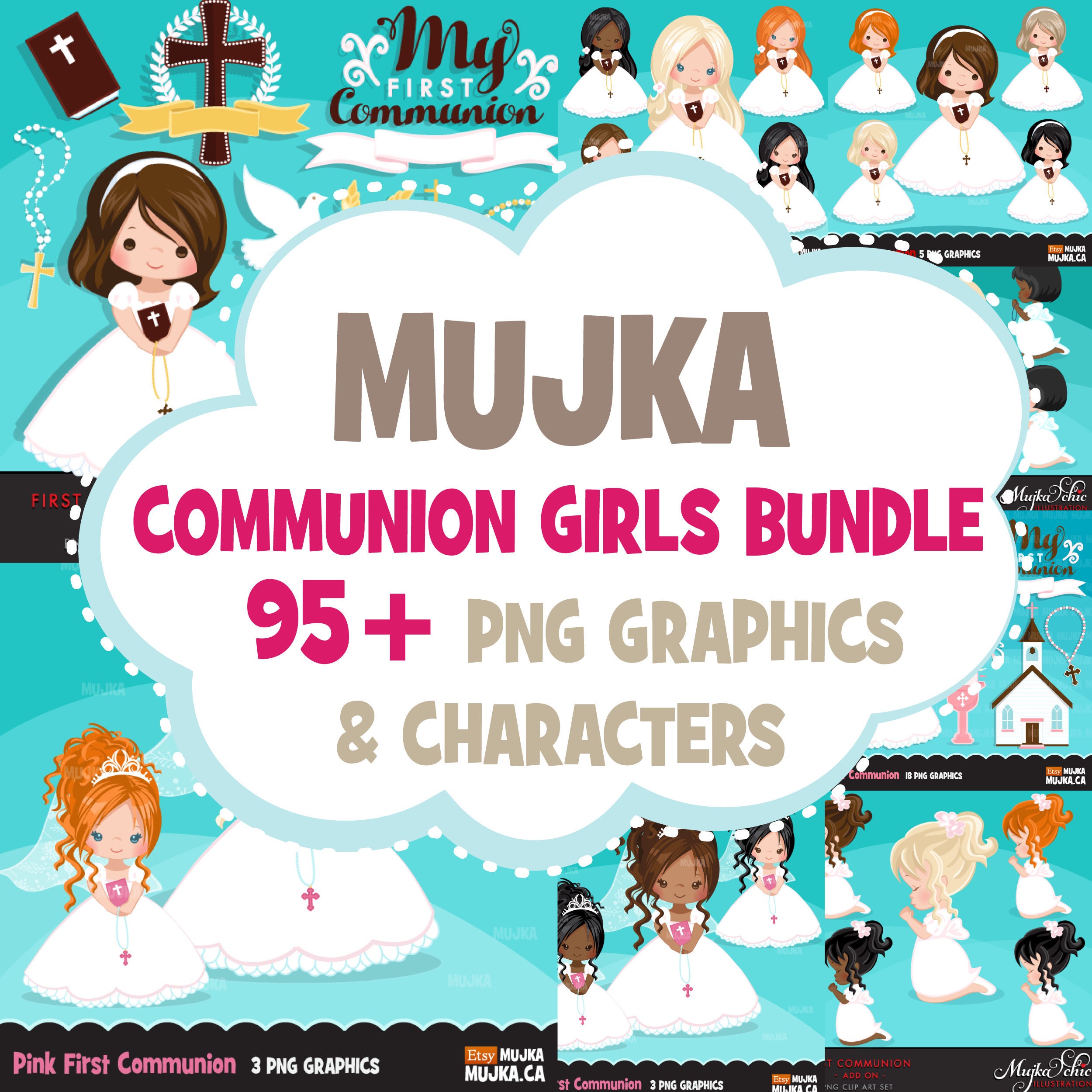 Girls First Communion Clipart Bundle, Holy First Communion for Girls ...