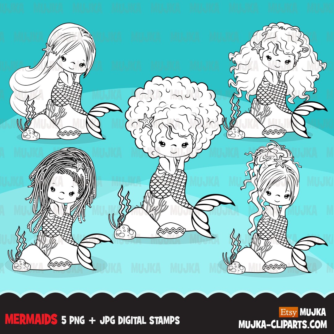 Mermaid Digital Stamps, Afro Mermaid Princess, Birthday Party, Coloring ...