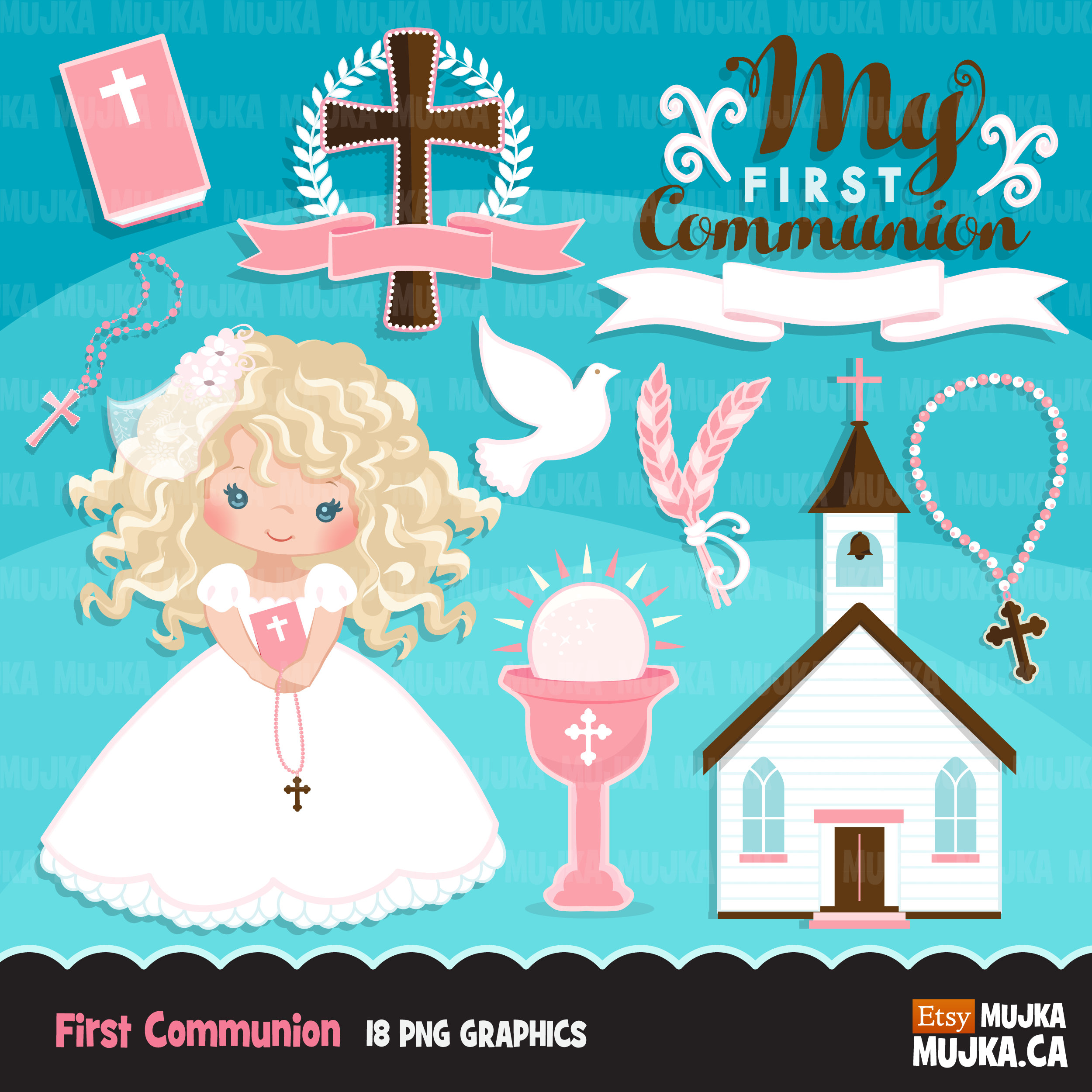Girls First Communion Clipart Bundle, Holy First Communion for Girls ...