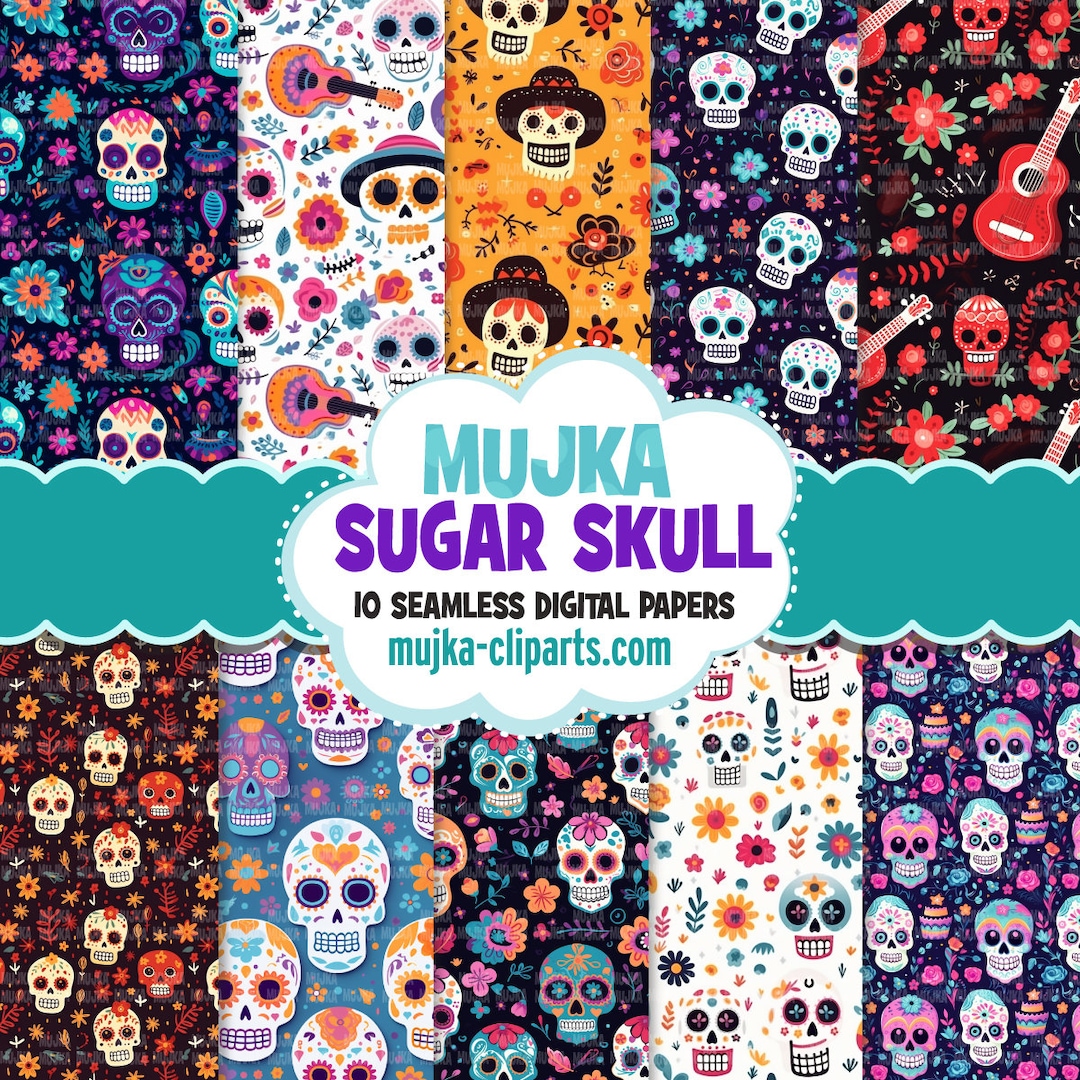 Sugar Skull Digital Papers, Cute Seamless Halloween Patterns, Printable ...
