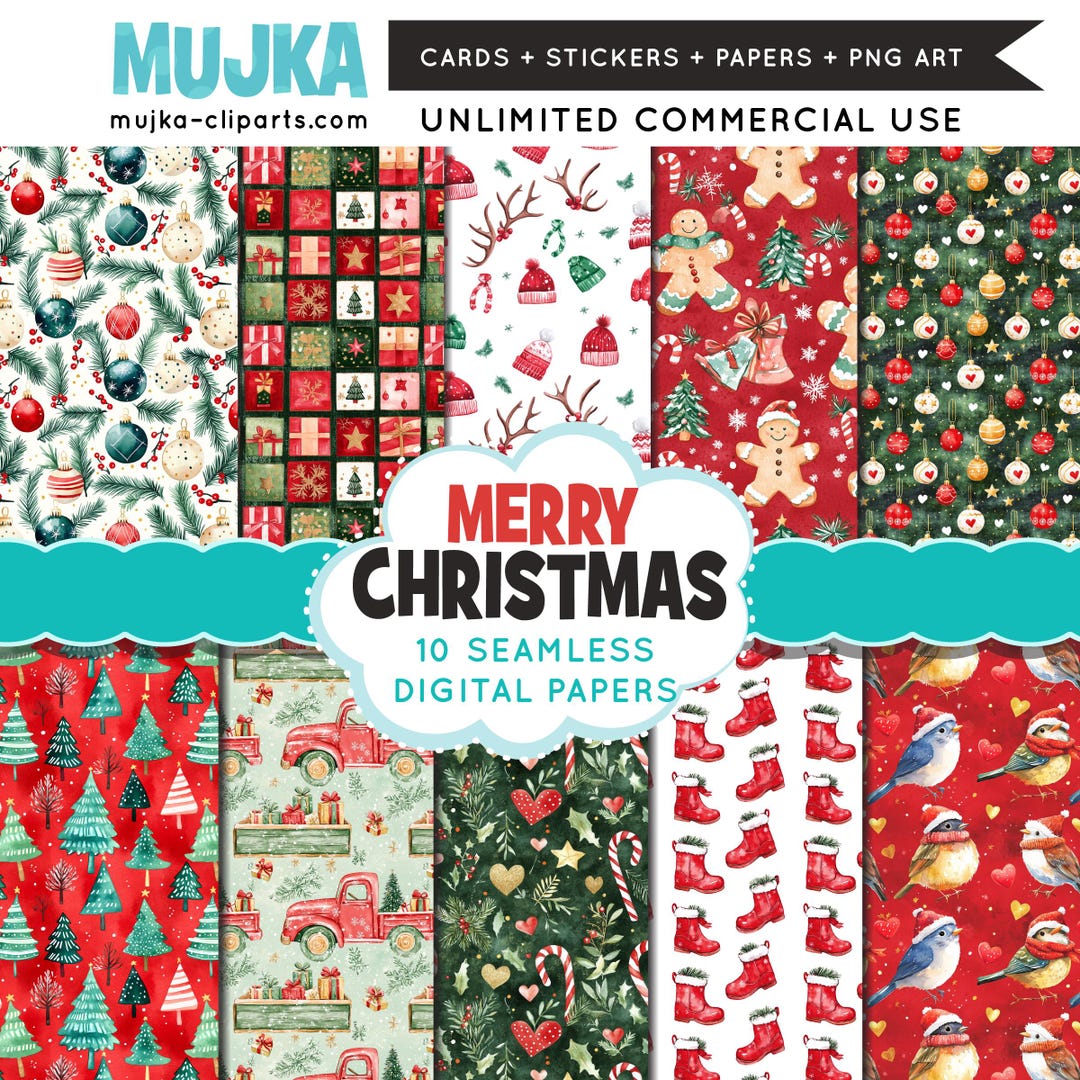 Christmas Digital Papers, Red and Green Christmas Backgrounds, Santa ...