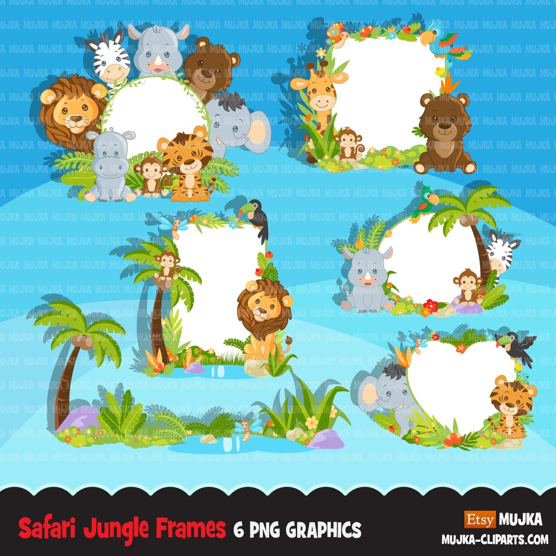 Safari Jungle Frames Clipart, Forest Frames With Lion, Tiger, Zebra ...