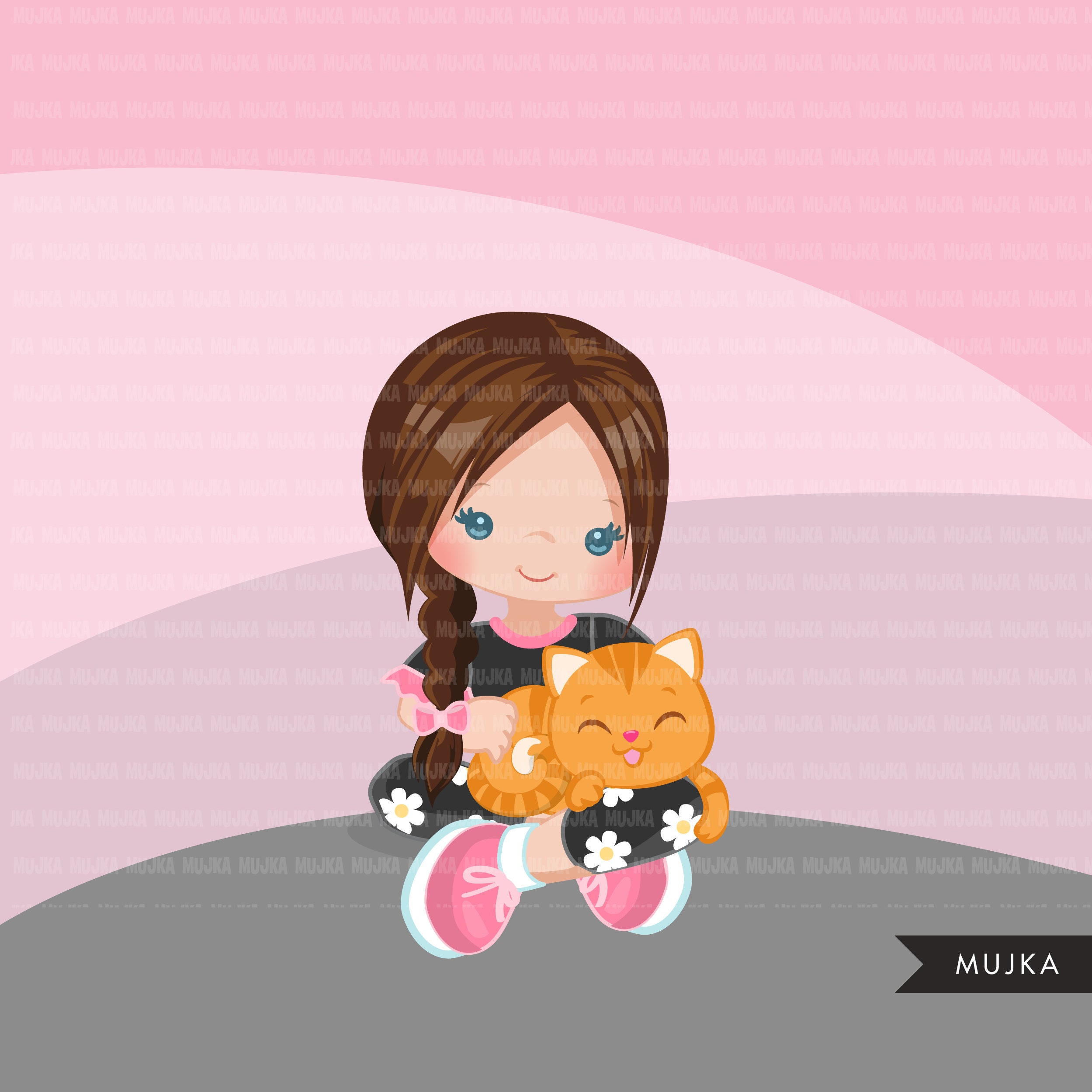 Kitten and Little Girl Clipart. Cute Spring Illustration, Cat, Kitten ...