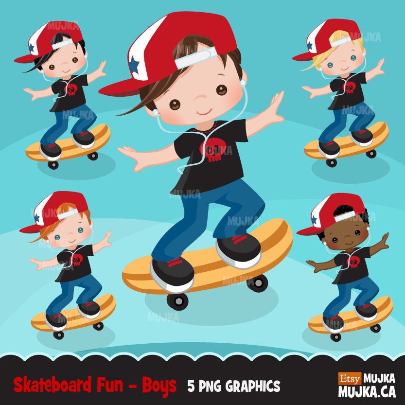 Skateboarding Boy Clipart. Sports Graphics Summer Party - Etsy