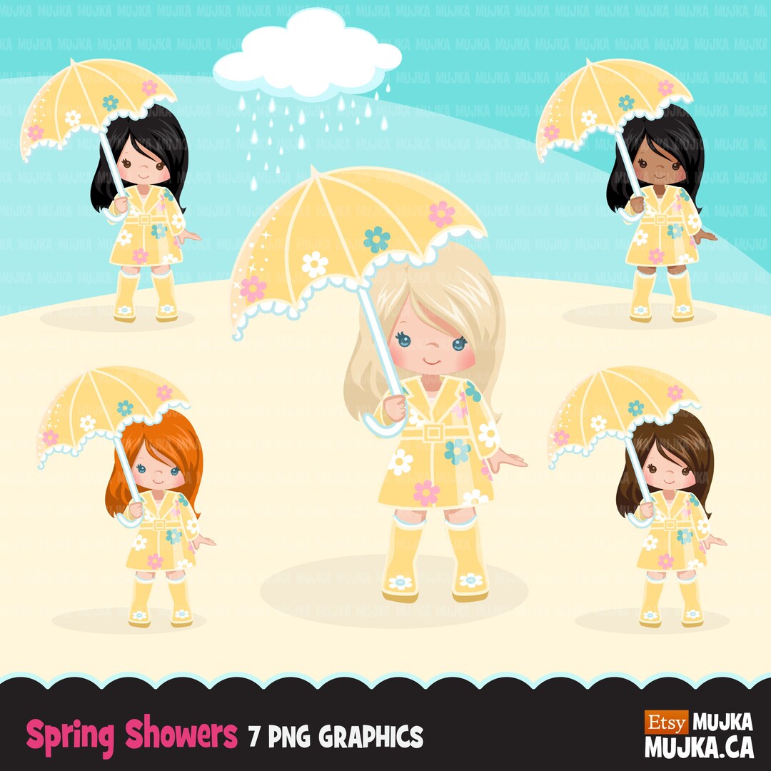 Spring Showers Clipart. Cute Spring Illustration, Little Girl ...